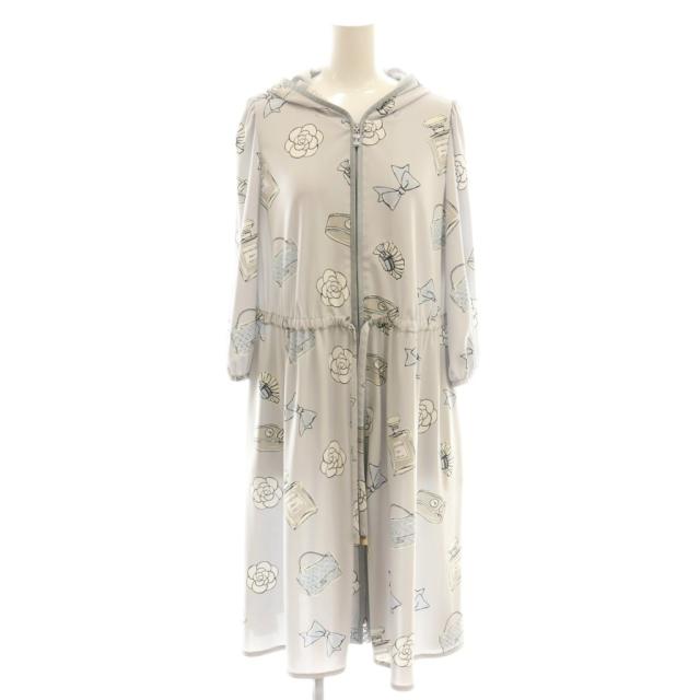 【中古】エムズグレイシー M'S GRACY フード付き アイコンプリント ジップアップワンピース ひざ丈 36 ライトグレー