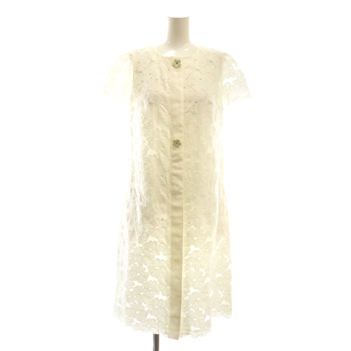 【中古】未使用品 エムズグレイシー M'S GRACY フラワーボタンフラワーレースワンピース ひざ丈 36 ホワイト