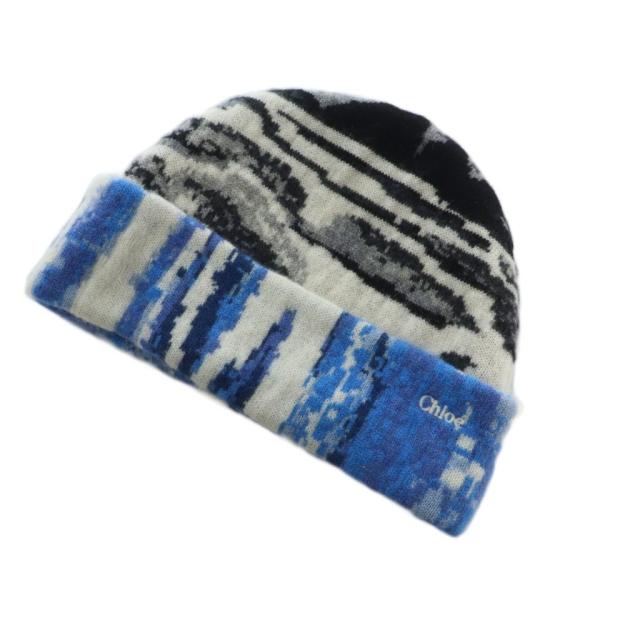 【中古】クロエ ニットキャップ ニット帽 帽子 カシミヤ ゼブラ柄 ブルー 青 ホワイト 白 ブラック 黒 レディース