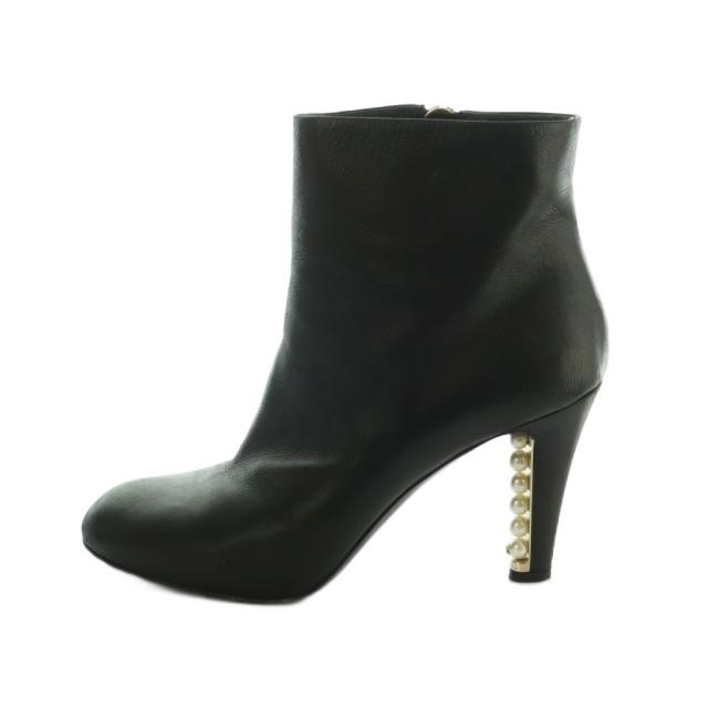 【中古】シャネル CHANEL ショートブーツ パールヒール 39C 24.5cm 黒 ブラック /MI ■OS レディース