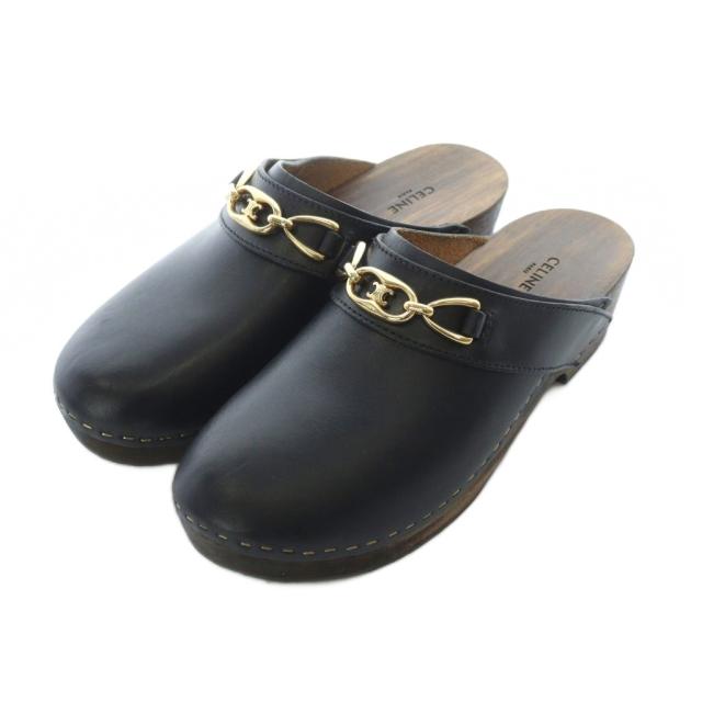 【中古】セリーヌ CELINE マカダムチェーン サボサンダル レザー 本革 39 25cm 黒 ブラック /RI ■OS レディース