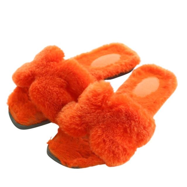 【中古】エルメス HERMES Oran オラン ムートン フラットサンダル ミュール 36.5 23.5cm オレンジ /AQ ■OS