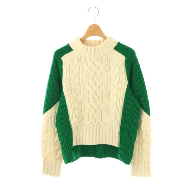 【中古】サカイ バイカラーケーブルニット セーター 長袖 1 オフホワイト グリーン 21-06024 /DO ■OS ■SH