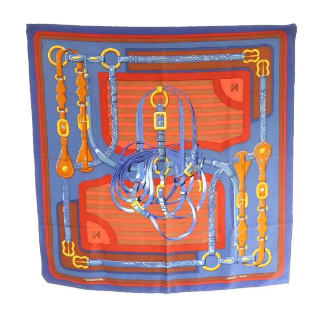 【中古】エルメス COACHING カレ90 スカーフ シルク 馬具柄 総柄 青 ブルー 赤 レッド /MI ■OS ■OH レディース