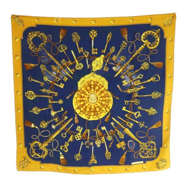 【中古】エルメス LES CLES カレ90 スカーフ シルク 総柄 ネイビー 紺色 イエロー 黄色 /MI ■OS ■OH レディース