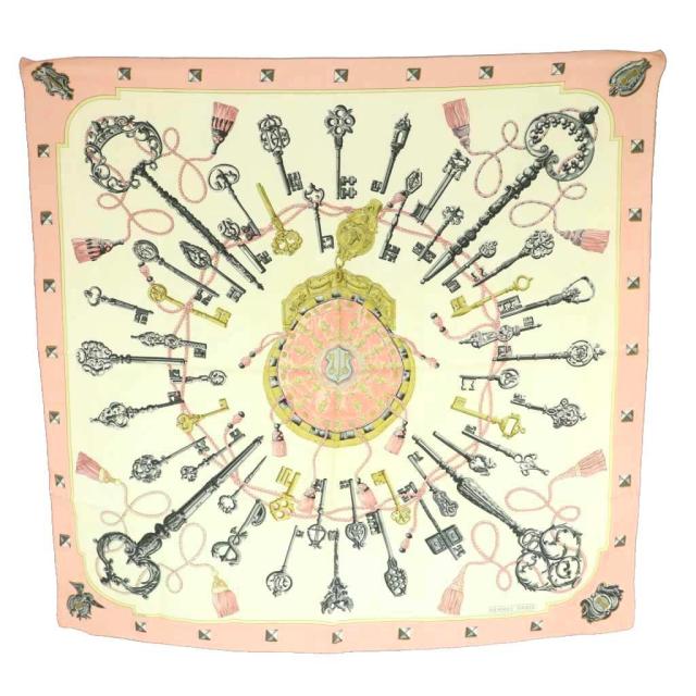 【中古】エルメス HERMES LES CLES カレ90 スカーフ シルク 総柄 ピンク アイボリー /MI ■OS ■OH レディース