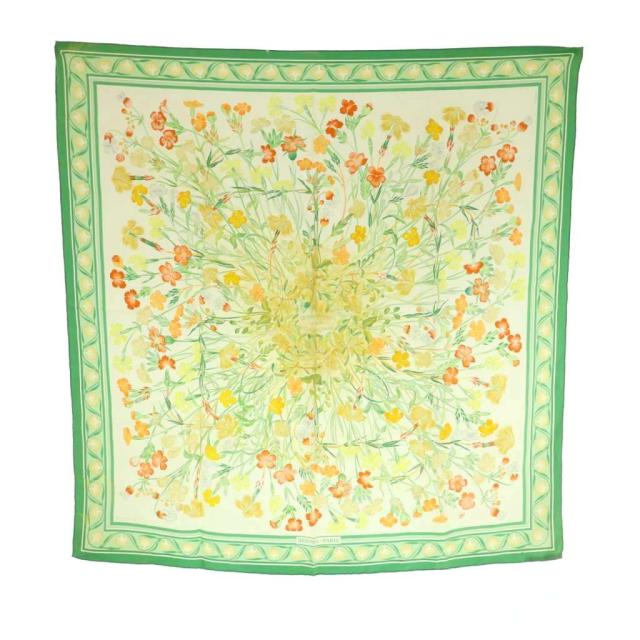 【中古】エルメス OEillets sauvages et autres Caryophyllees カレ90 スカーフ シルク 花柄 緑 マルチカラー