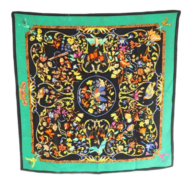 【中古】エルメス pierres d orient etd occident カレ90 スカーフ シルク 総柄 黒 ブラック マルチカラー レディース
