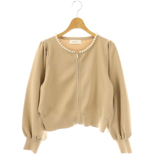 【中古】アナイ ANAYI パールブルゾン ニット ジャケット ジップアップ 38 ベージュ /NR ■OS レディース
