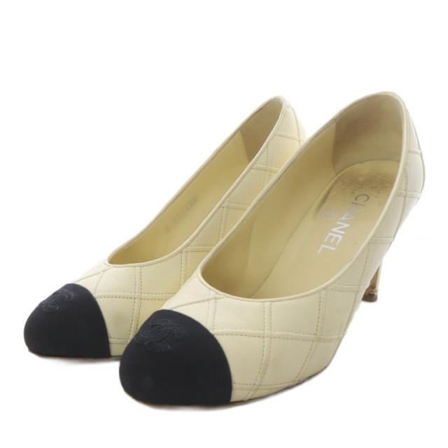 【中古】シャネル パンプス ハイヒール ココマーク キルティング バイカラー レザー 36.5C アイボリー ブラック