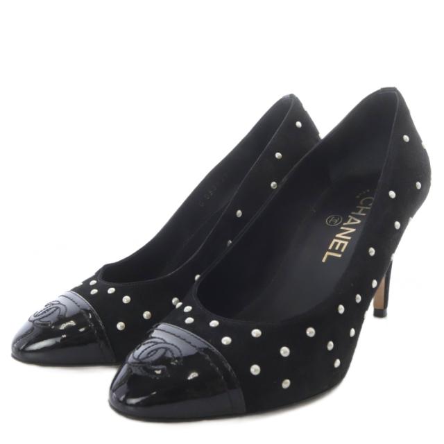 【中古】シャネル CHANEL パンプス ハイヒール ココマーク パール スエード 36.5C ブラック /YO29 レディース