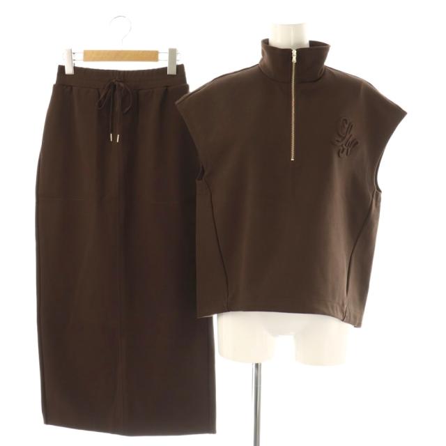 【中古】ルーニィ LOUNIE ハーフジップカットソーセットアップ ノースリーブ スカート ロング タイト 36 ブラウン /HK