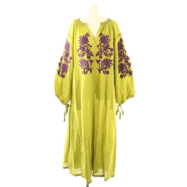 【中古】サラマリカ Sara Mallika CTN LINEN BIG FLOWER EMB DRESS ワンピース ロング 刺繍 長袖 ライトグリーン