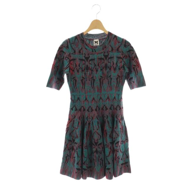 【中古】エムミッソーニ M MISSONI ウール総柄ニットワンピース ミニ 半袖 38 グリーン ピンク /HK ■OS レディース