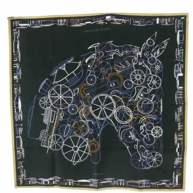 【中古】エルメス HERMES 24AW スカーフ カレ 90 コンプリケーション・エケストル Complication ダークグリーン