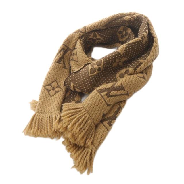 【中古】ルイヴィトン LOUIS VUITTON モノグラム エシャルプ ロゴマニア マフラー フリンジ ブラウン 413287