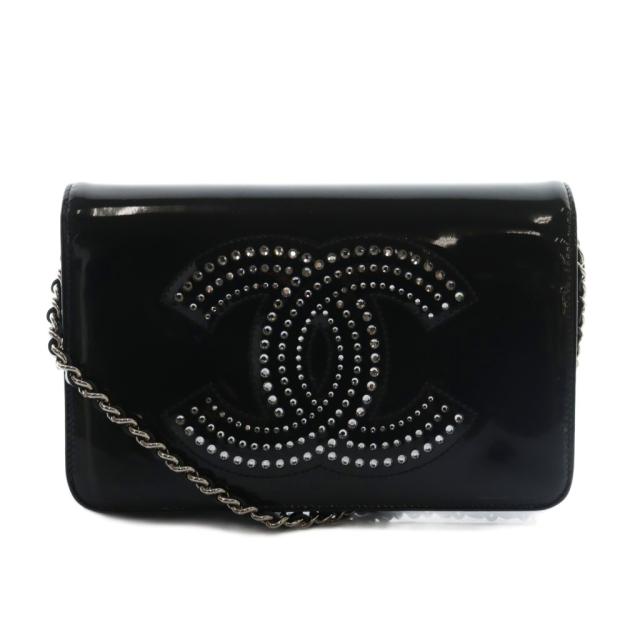 【中古】シャネル ストラスCC 13番台 チェーンウォレット ショルダーバッグ ココマーク ラインストーン 黒 ブラック