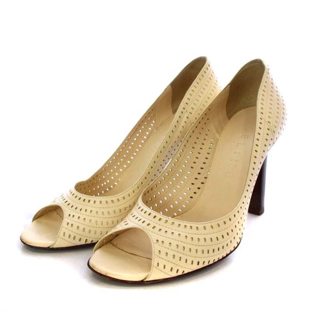 【中古】セリーヌ CELINE パンプス ハイヒール オープントゥ パンチング レザー 38C 25cm ベージュ