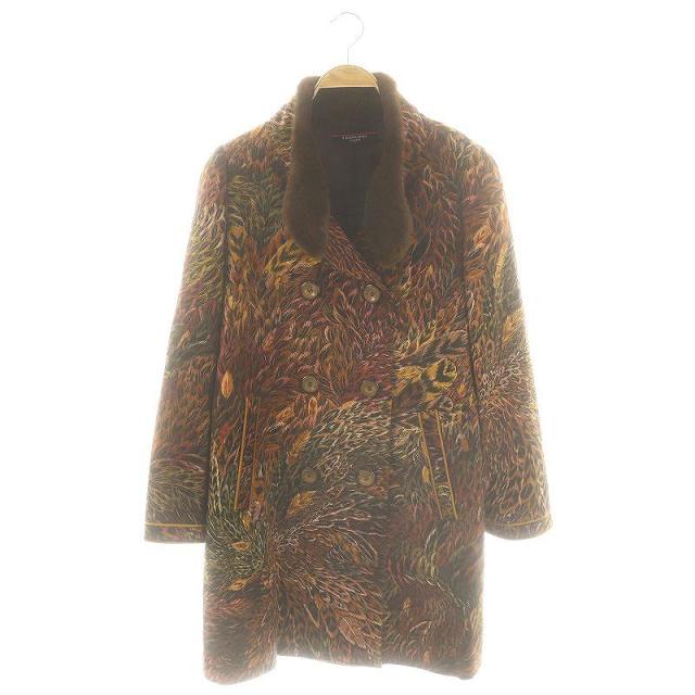 【中古】レオナール ファッション ミンクファー 総柄 コート スタンドカラー ウール カシミヤ混 11AR 茶 レディース