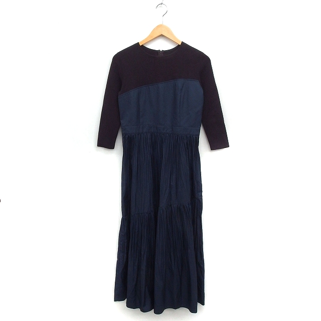 【中古】未使用品 キャストコロン CAST： タグ付き 素材切替 ワンピース 7分袖 ロング丈 プリーツ M ブラウン ネイビー