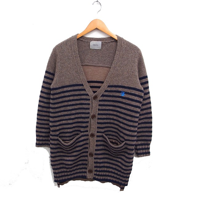 【中古】アンダーカバー UNDERCOVER 11AW ワンポイント刺繍 ボーダー ロング カーディガン カシミヤ混 1 ブラウン