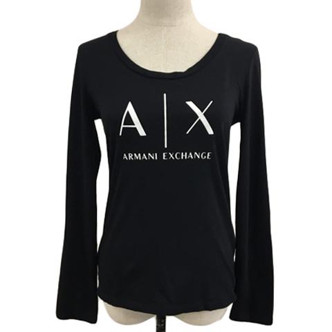 【中古】アルマーニエクスチェンジ Tシャツ カットソー プルオーバー Uネック プリント ロゴ 長袖 S 黒 ブラック