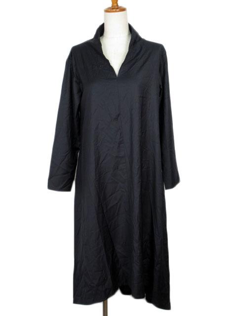 【中古】ミズイロインド mizuiro ind ワンピース フレア Vネック ウォッシャブルウール 天竺 黒 ブラック レディース