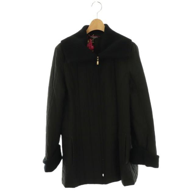 【中古】レオナール LEONARD 中綿 花柄 キルティングジャケット コート ニット ジップアップ 13 ブラック /HK ■GY49