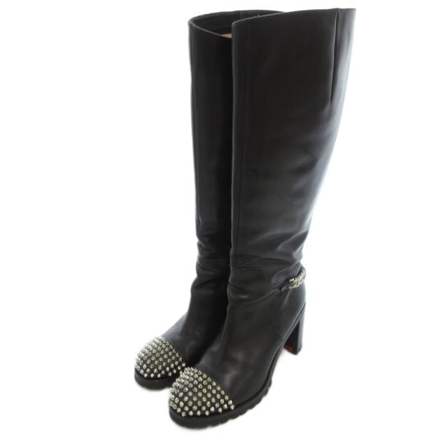 【中古】クリスチャンルブタン Christian louboutin スパイクスタッズ レザーブーツ ロング チャンキーヒール 黒