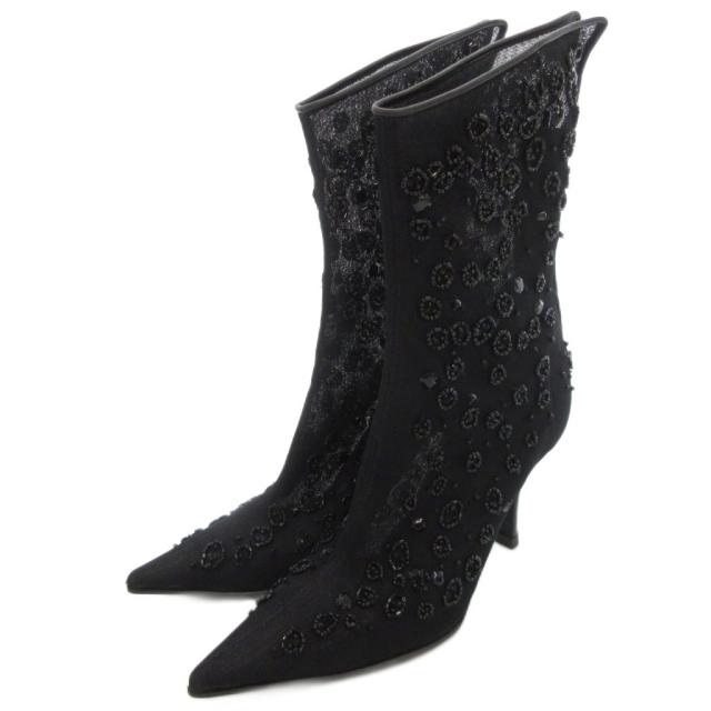 【中古】セルジオロッシ Sergio rossi アンクルブーツ ショート ビーズ装飾 ポインテッドトゥ シアー 36.5 黒