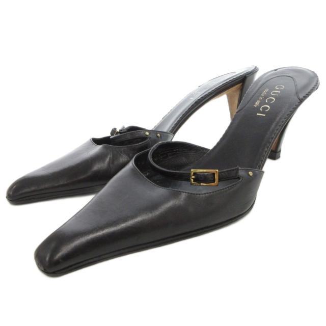 【中古】グッチ GUCCI ミュール サンダル 本革 レザー 36.5 黒 ブラック /UO ■GY62 レディース