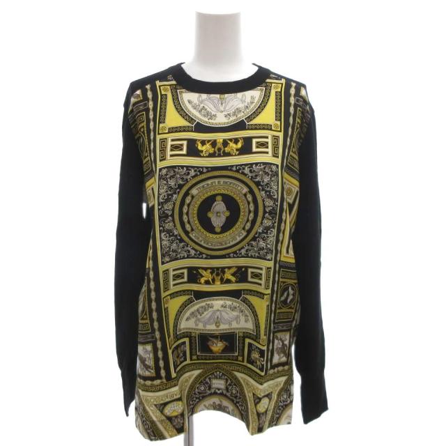 【中古】エトロ ETRO ニット セーター 絹 シルク クルーネック 長袖 42 黒 ブラック 黄 イエロー スカーフ柄 /FF