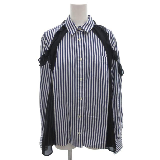 【中古】サカイ sacai フリルシャツ シアー切替 ストライプ 長袖 2 白 ホワイト 青 ブルー /FF ■GY62 メンズ