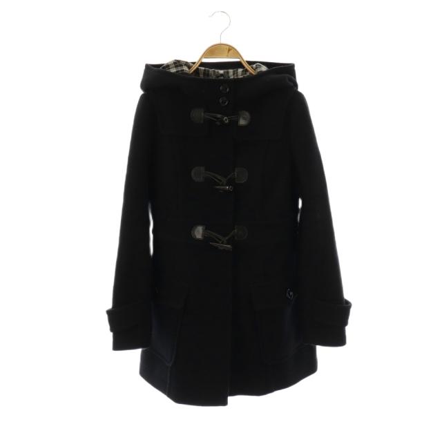 【中古】バーバリーブルーレーベル 裏地チェックダッフルコート アウター ロング フード 38 ブラック /DO ■GY53