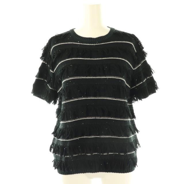 【中古】ドゥロワー 7Gフリンジスパングルプルオーバー ニット セーター 半袖 2 ブラック ホワイト レディース