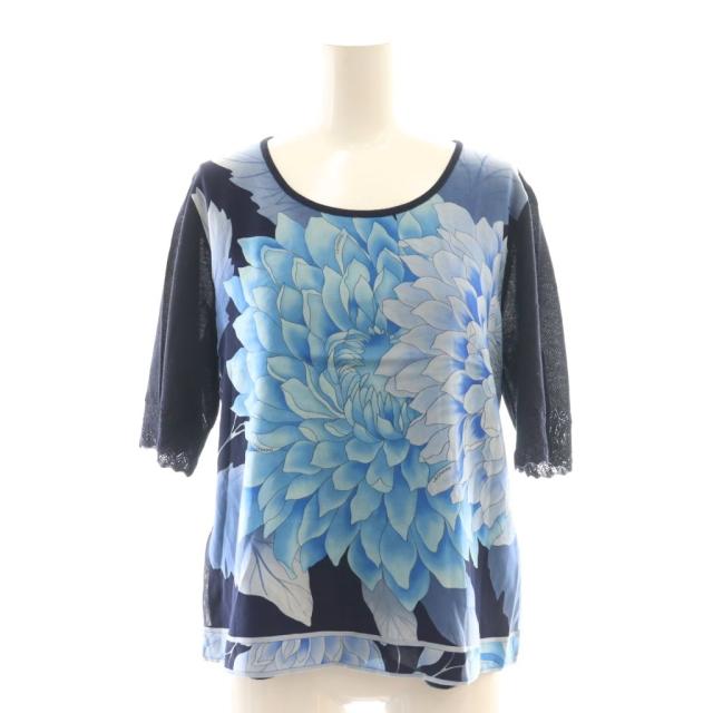 【中古】レオナール LEONARD ニット カットソー プルオーバー 総柄 花柄 シルク カシミヤ混 LL 紺 青 水色 /CX ■GY53