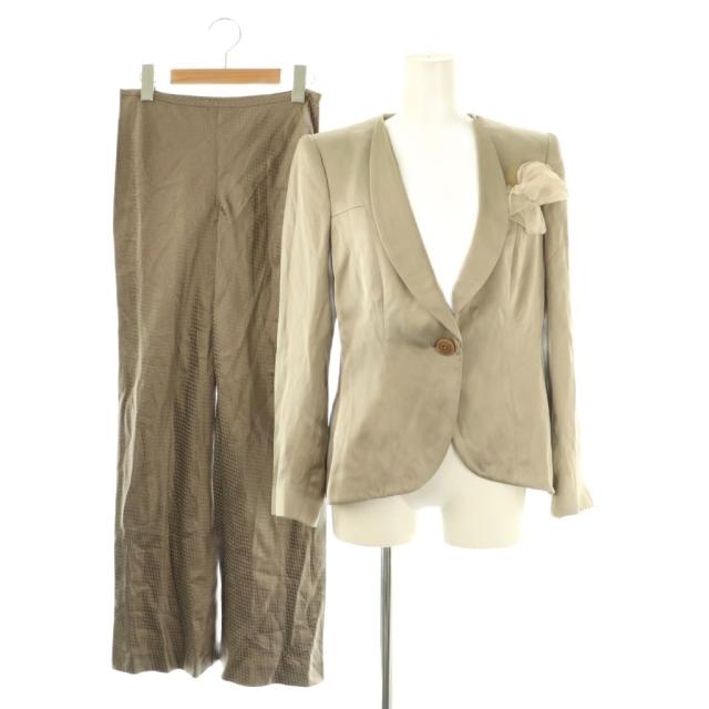 【中古】ジョルジオアルマーニ セットアップ シルクリネン コサージュ付きジャケット ドット柄パンツ 38 ベージュ