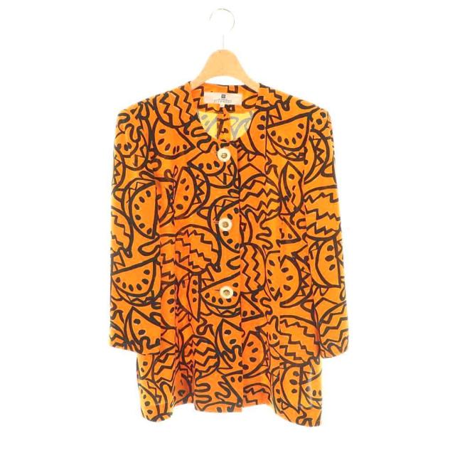 【中古】ジバンシィ ヴィンテージ ノーカラー ジャケット金ボタン 総柄 13 マスタード ブラック レディース
