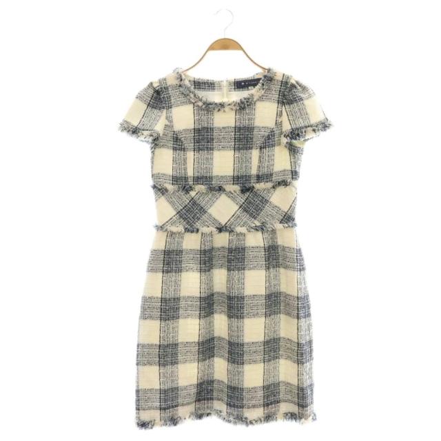 【中古】エムズグレイシー M'S GRACY ツイードワンピース 38 ホワイト 白 ネイビー 紺 ブルー 青 チェック /CX ■GY53
