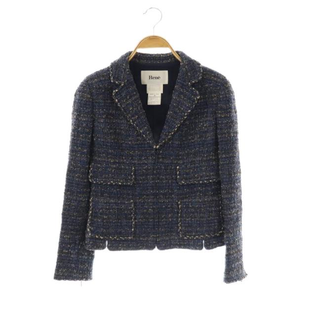 【中古】ルネ Rene TISSUE ツイードジャケット ジップアップ アウター 36 紺 黒 /NR ■GY53 レディース