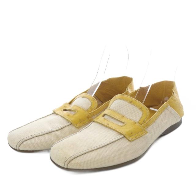 【中古】プラダ PRADA ローファー スリッポン キャンバス オーストリッチ型押し バイカラー 8 アイボリー イエロー