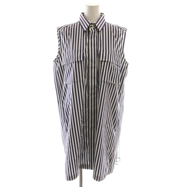 【中古】サカイ sacai THOMAS MASON 24SS シャツワンピース ストライプ ひざ丈 ノースリーブ 2 ネイビー ホワイト