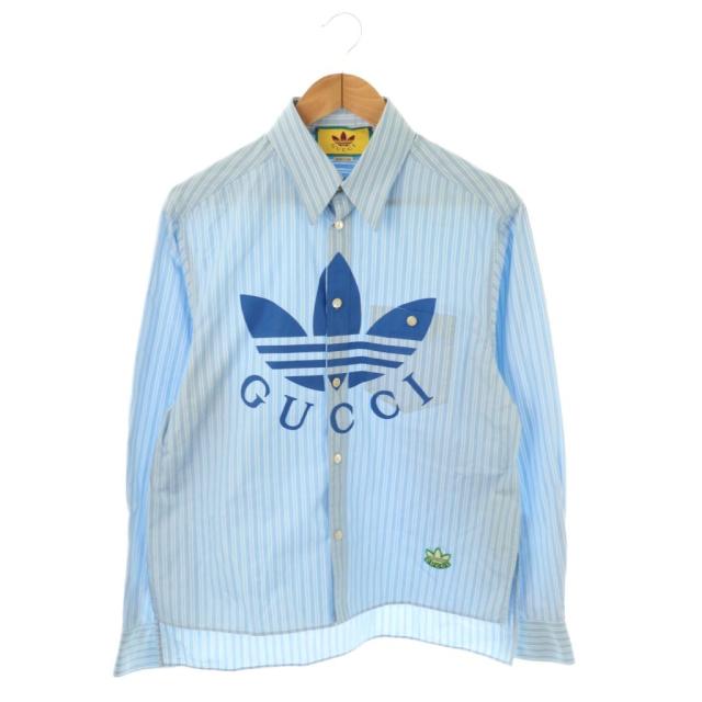 【中古】グッチ GUCCI ×アディダス ADIDAS ストライプシャツ ステンカラー ロゴプリント 15+ ライトブルー