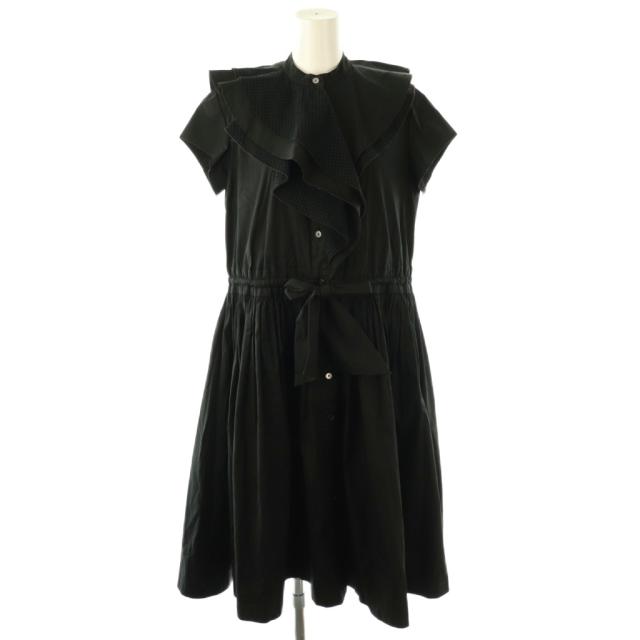 【中古】ランバン LANVIN ワンピース フリル レース ポプリン ラッフル ミドル 膝丈 36 ブラック 黒 レディース