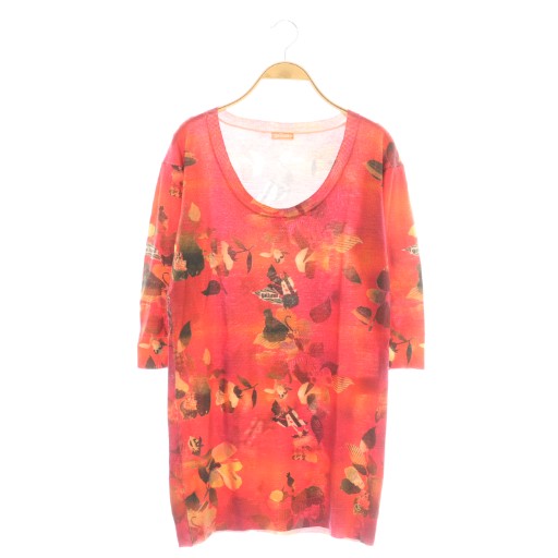 【中古】ジョンガリアーノ 花柄ニット セーター プルオーバー チュニック丈 ウール XXS レッド 赤 マルチカラー /CX