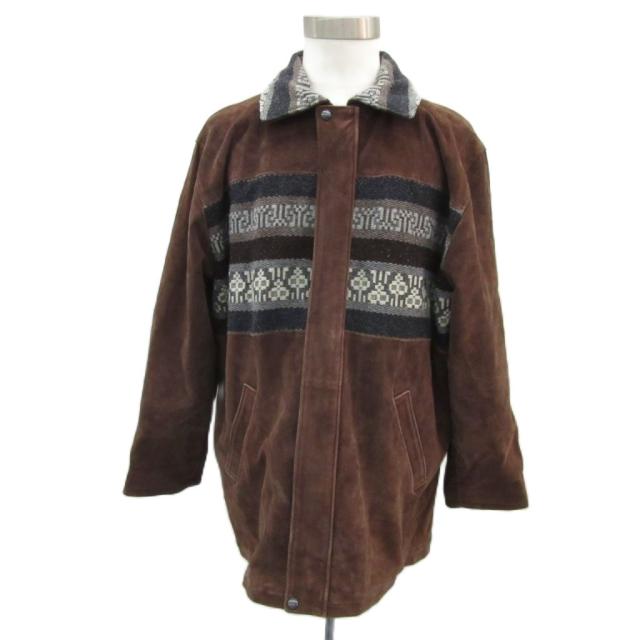 【中古】Brandt&Co スエードジャケット レザージャケット 革ジャン 42 XL 茶 ブラウン 総柄 ミドル丈 ■GY58 メンズ