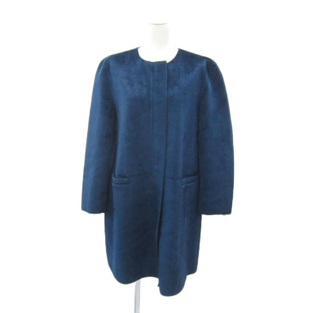 【中古】マックス&コー MAX&CO. ノーカラーコート ロング丈 フェイクハラコ 48 5L ネイビー 紺 ■GY61 レディース