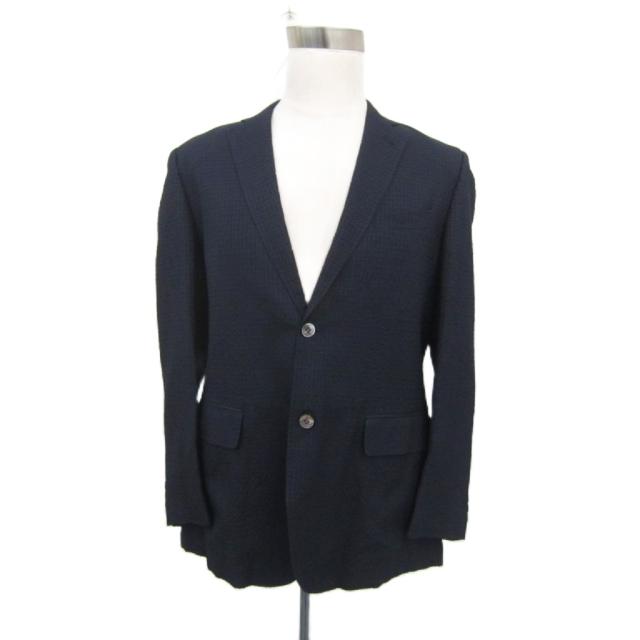 【中古】ジーゲラン テーラードジャケット ミドル丈 シングルボタン 総柄 シルク 50 L ネイビー ■GY61 メンズ