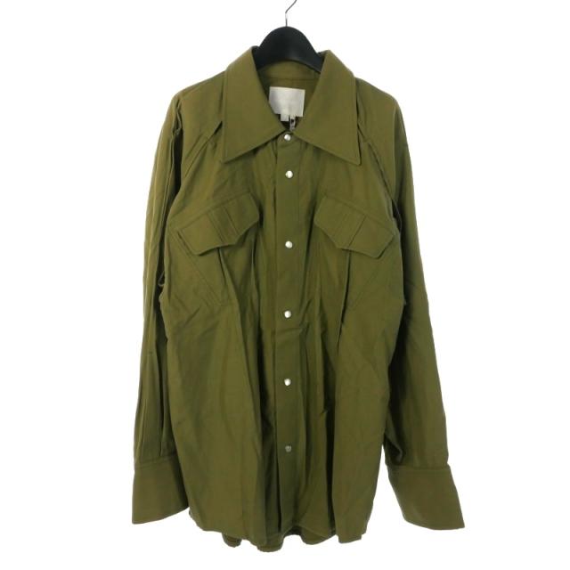 【中古】未使用品 ベースマーク BASE MARK SAFFARI SHIRT サファリシャツ 長袖 スカーフ M カーキ 22BS12 メンズ