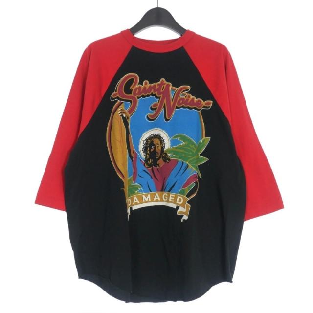 【中古】セントマイケル ラグランスリーブＴシャツ カットソー 七分袖 XL ブラック/レッド 黒 赤